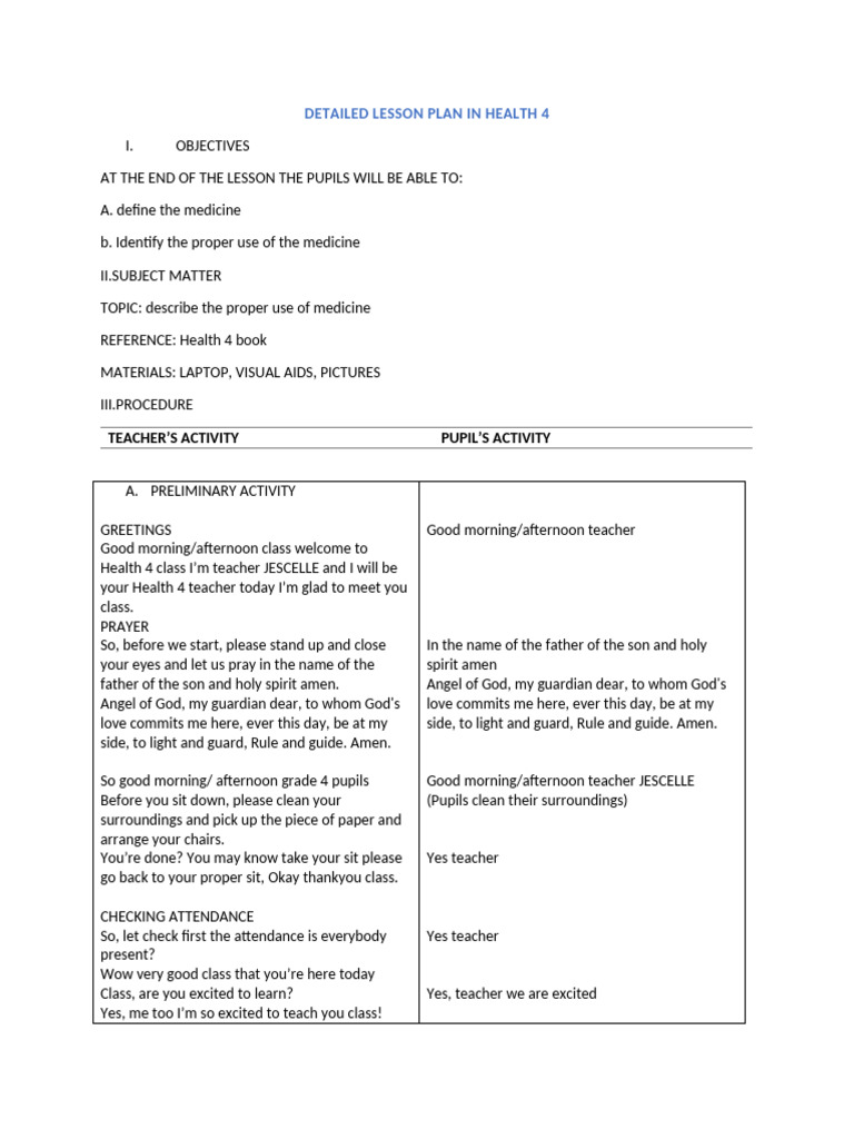 Health 4 Lesson Plan: Medicine Use | PDF | Medicine | Lesson Plan
