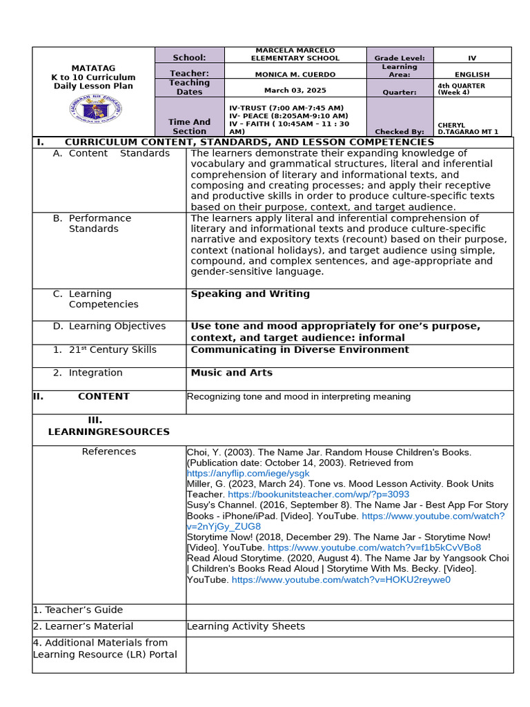 Quarter 2 English Week 4 Day 1 | PDF | Learning | Nonverbal Communication