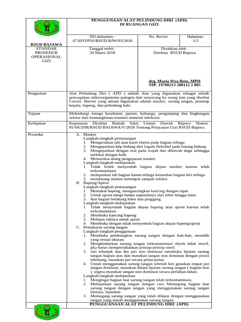 Spo Penggunaan Apd Unit Gizi | PDF