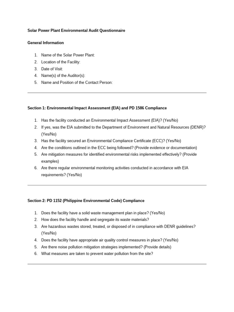 Solar Power Plant Environmental Audit Questionnaire - With Conclusion ...