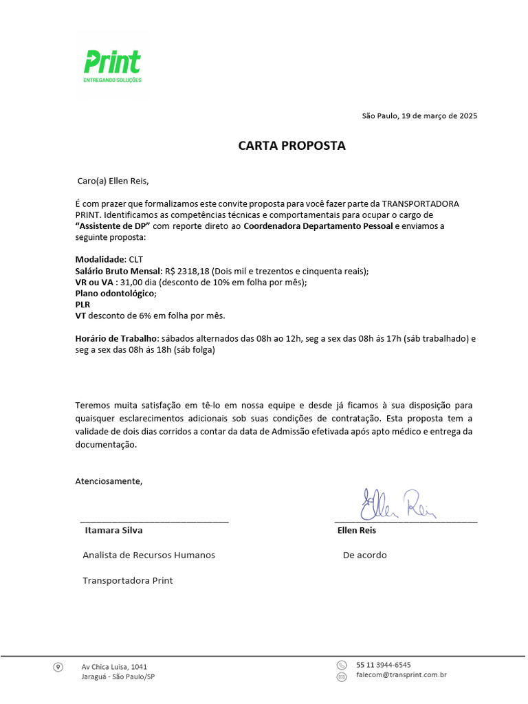 Carta Proposta - Ellen Reis | PDF