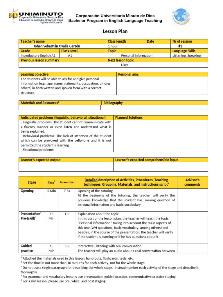 Lesson Plan Personal Information | PDF | Learning | Lesson Plan