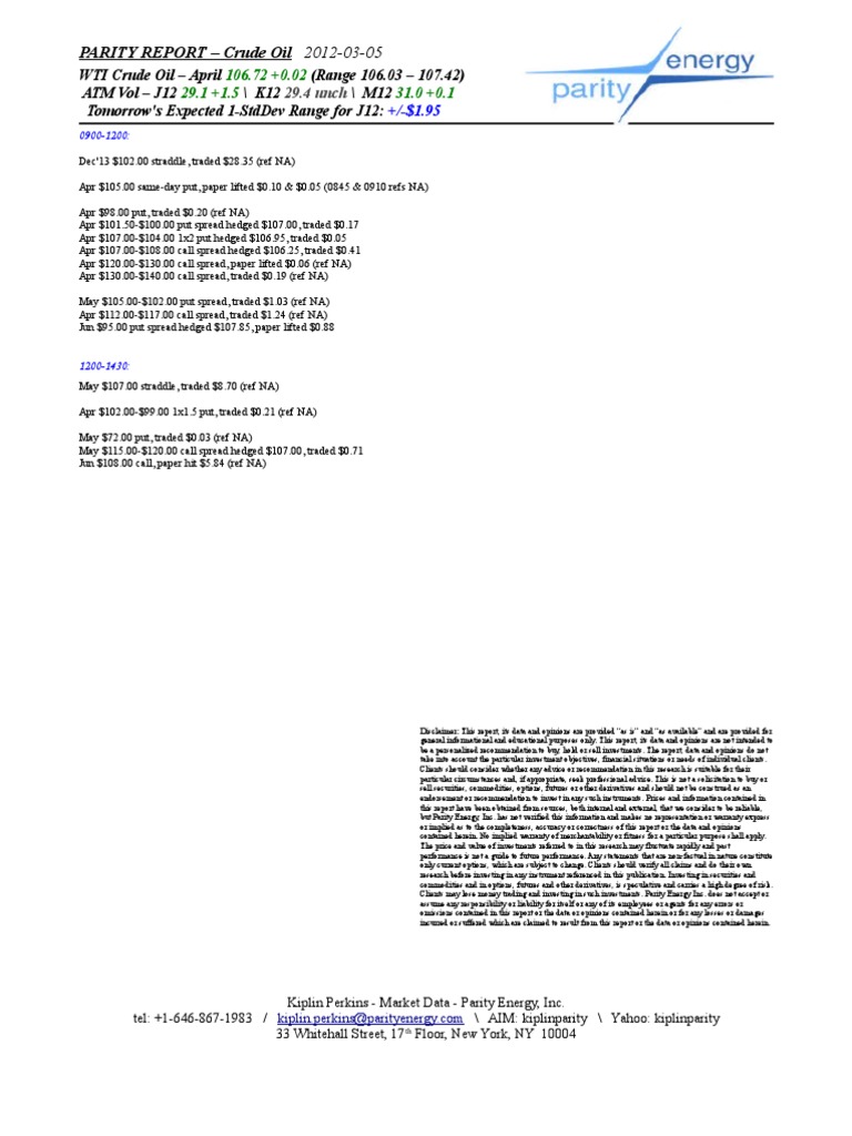 Parity Report - Crude Oil 2012-03-05: ATM Vol - J12 | PDF | Futures ...