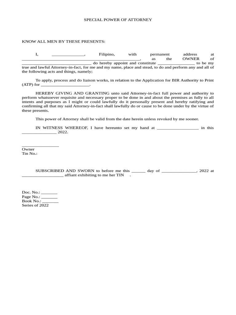 Special Power of Attorney - SPA BIR OR | PDF