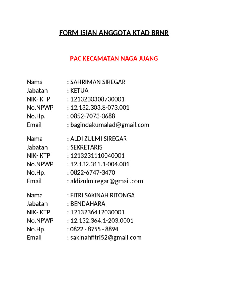 Form Isian Nama Anggota Ktad BRNR - Kecamatan Naga Juang | PDF