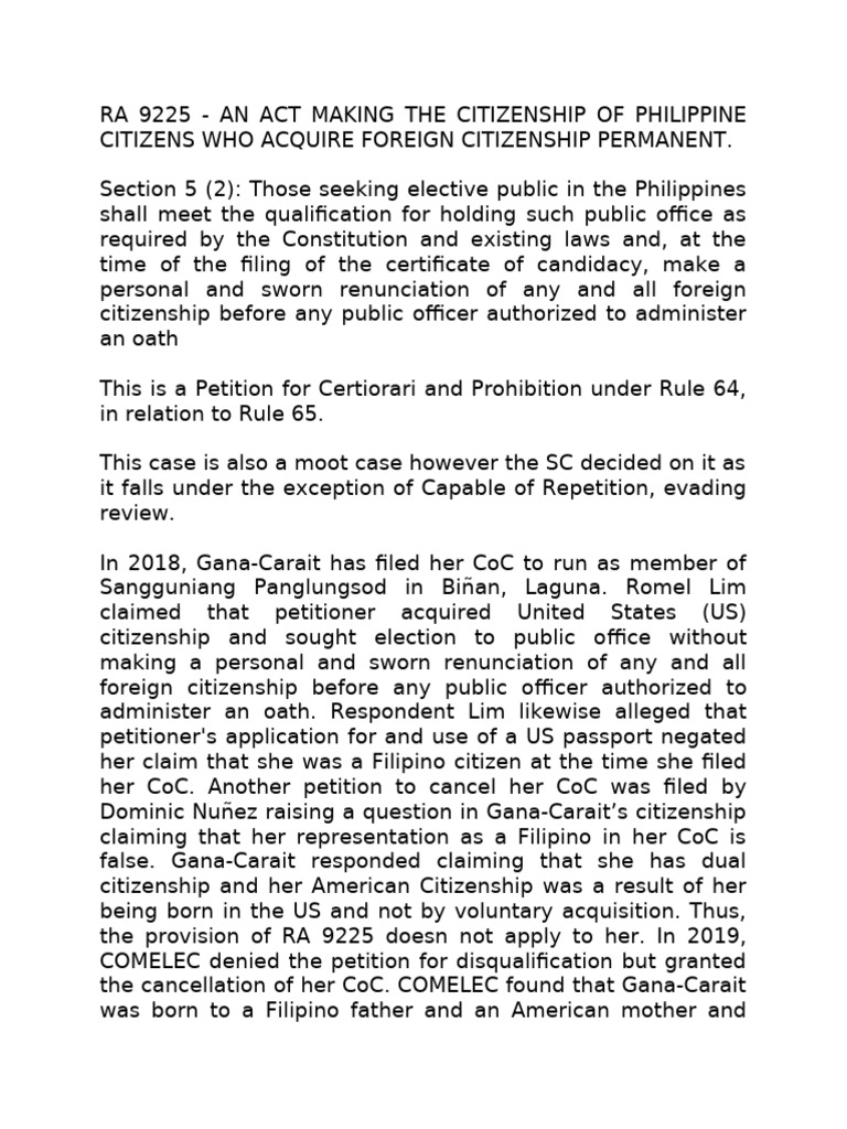 Gana-Carait Vs COMELEC Digest | PDF | Naturalization | Citizenship Of ...