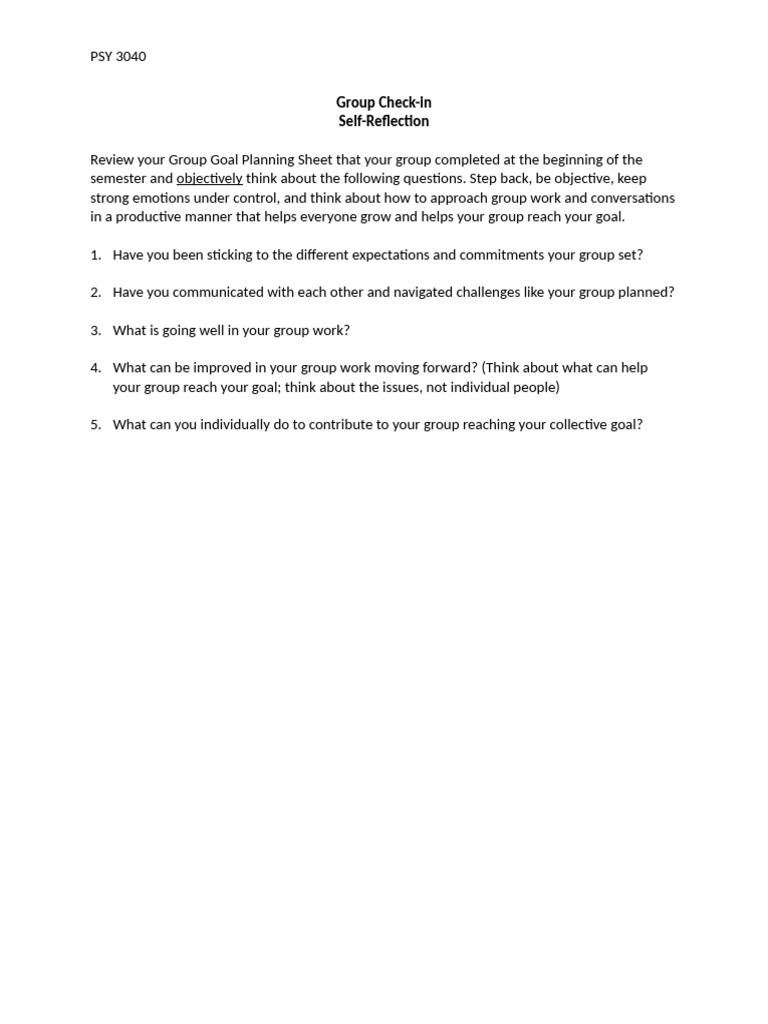 Group Check in Self Reflection | PDF