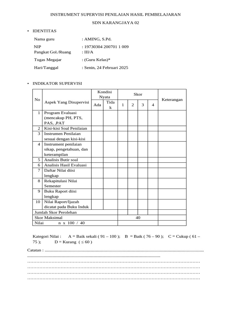 Instrumen Supervisi Penilaian Hasil Pembelajaran | PDF