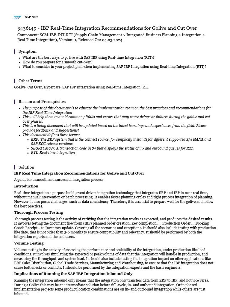 IBP Real-Time Integration Recommendations For Golive and Cut Over | PDF ...