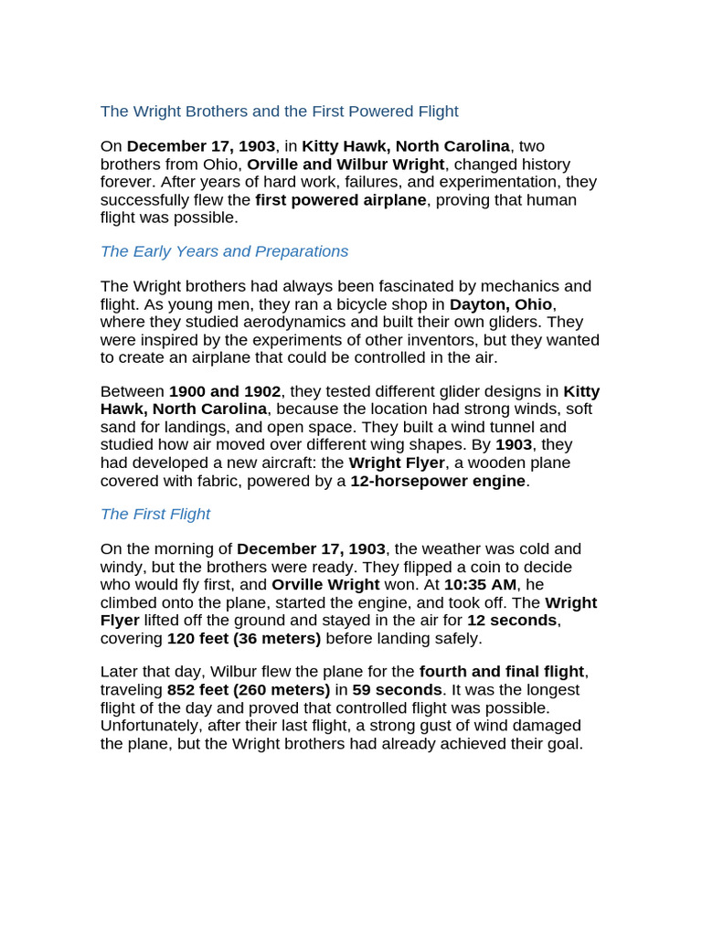 Wright Brothers' Historic First Flight | PDF | Wright Brothers | Wright ...