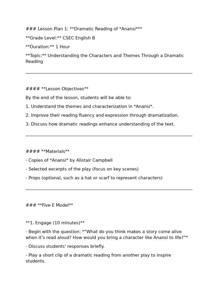 Dramatic Reading & Techniques in *Anansi* | PDF | Lesson Plan | Cognition
