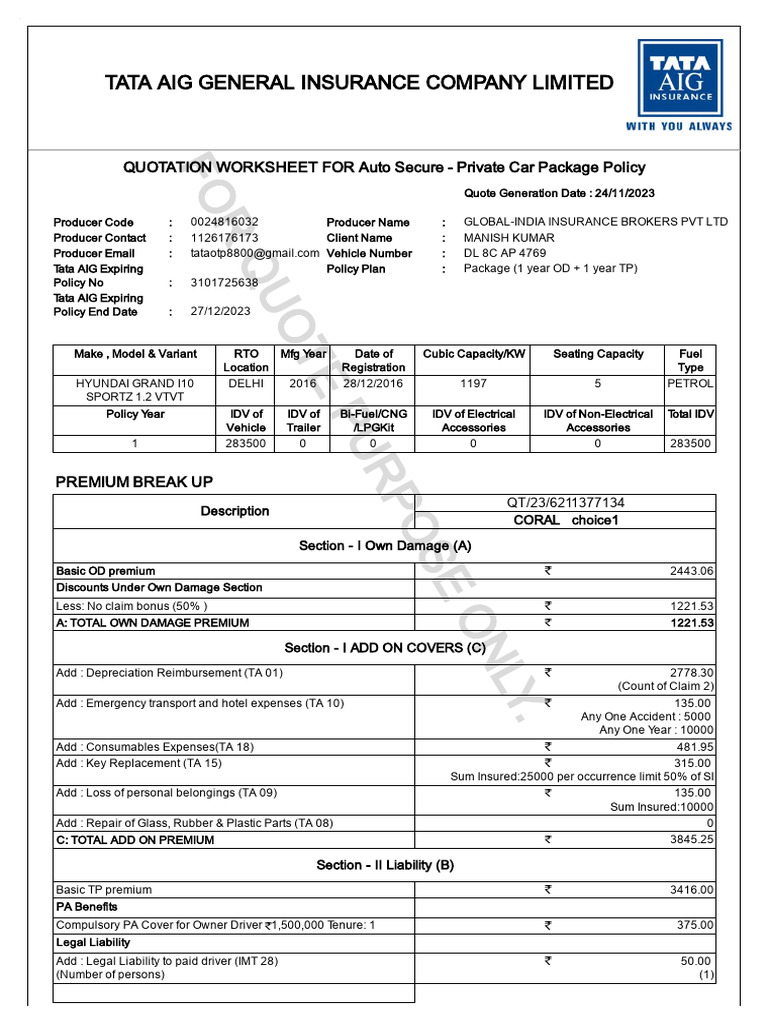 Tata AIG Motor Premium Quote_3184_QT_23_6211377134 | PDF | Insurance ...