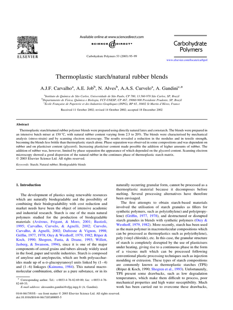 Thermoplastic Starch-Natural Rubber Blends | PDF | Natural Rubber ...