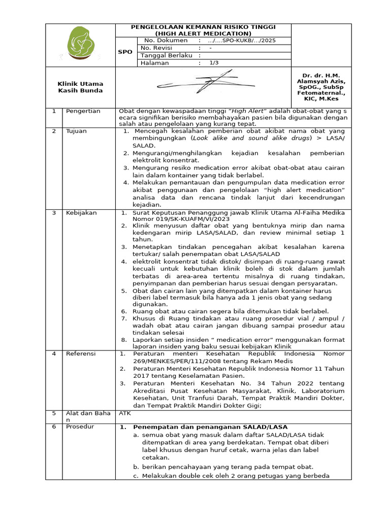 EP 3a. SOP PENGELOLAAN KEAMANAN OBAT RISIKO TINGGI KRISNA | PDF