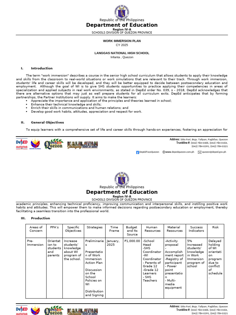 Work Immersion Plan Sy 2025 | PDF | Learning | Cognition