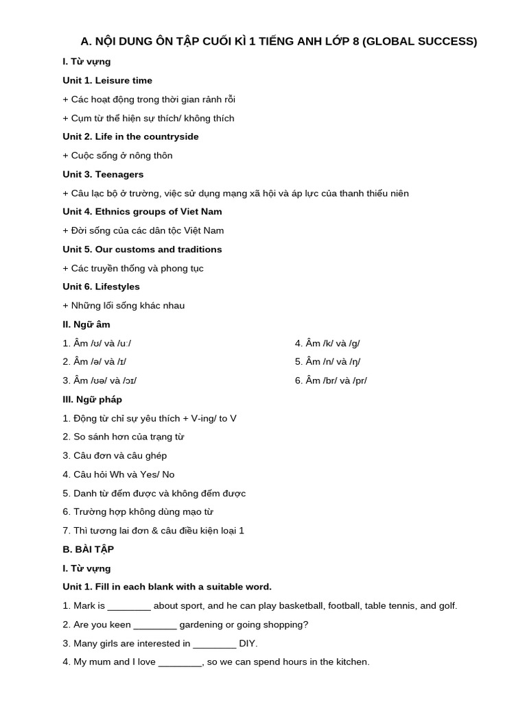 Đề cương ôn tập cuối kì 1 ANH 8 | PDF