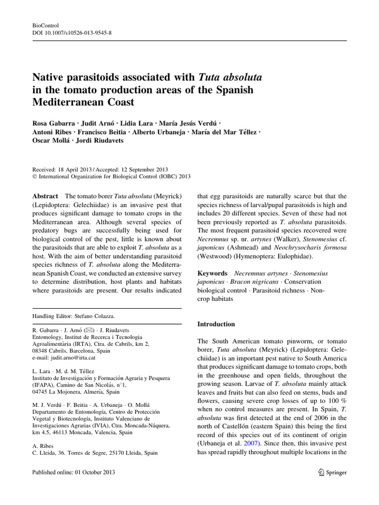 Parasitoids of Tuta absoluta in Spain | PDF | Biological Pest Control