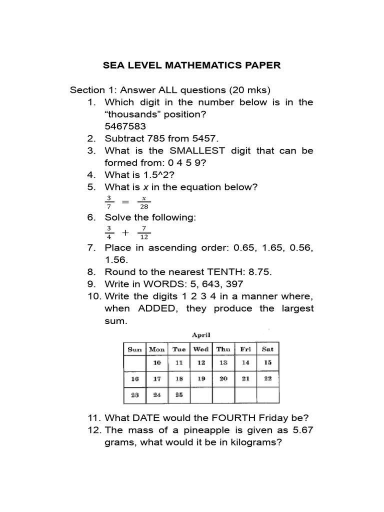 Sea Level Mathematics Exam Questions | PDF | Elementary Mathematics ...