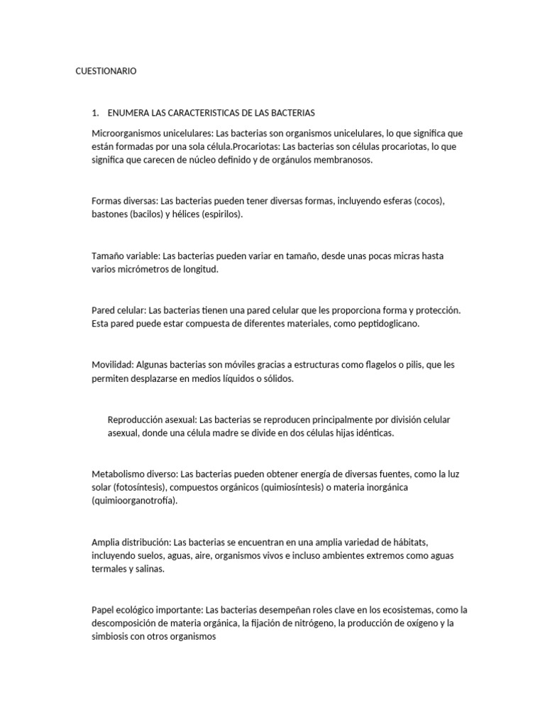 CUESTIONARIO biologia 10 | PDF | Las bacterias | Biología Celular)