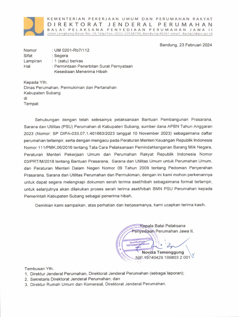 UM 0201-Rb7 112 - Permintaan Penerbitan Surat Pernyataan Kesediaan Menerima Hibah Kab. Subang | PDF