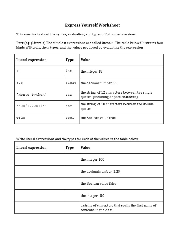 Worksheet For Express Yourself | PDF | Boolean Data Type | Theoretical ...