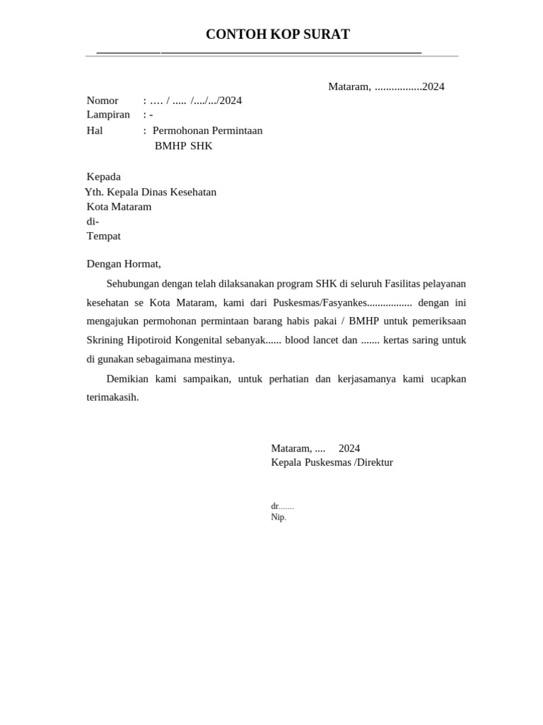 Contoh Surat Permintaan BMHP SHK | PDF
