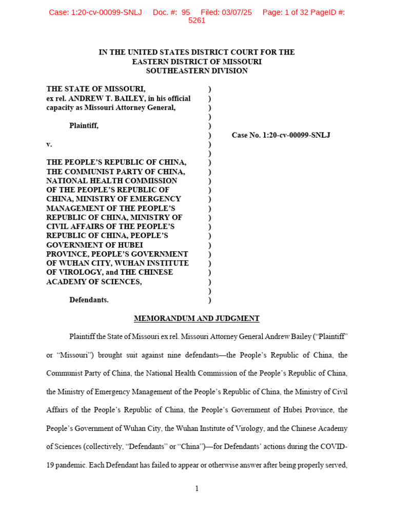 Missouri vs. China COVID-19 Lawsuit Judgment | PDF | Default Judgment ...