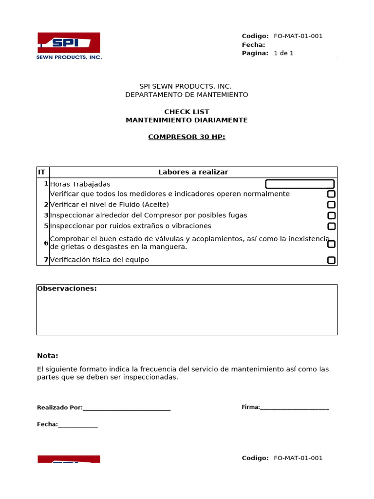 Formularios Mantenimiento | PDF | Generador eléctrico | Motor diesel