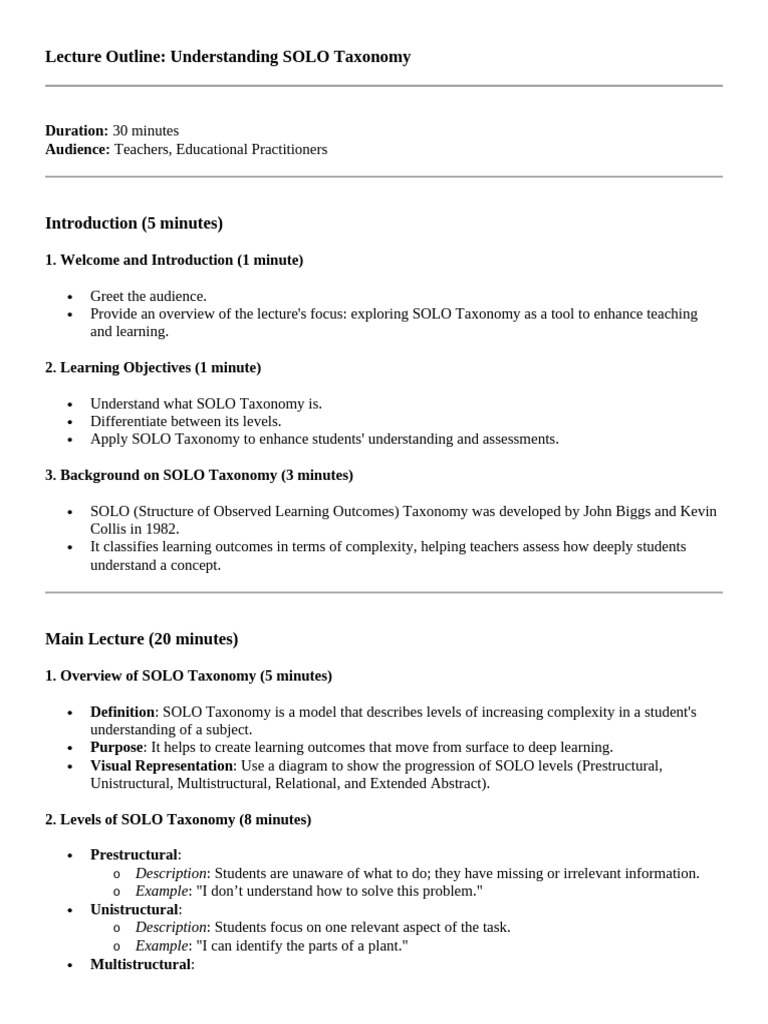 Lecture Outline Understanding Solo Taxonomy | PDF | Learning | Teachers