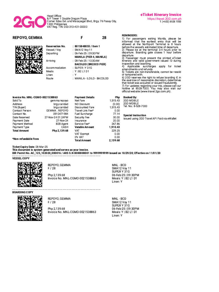 2GO Travel - Itinerary Receipt (5) | PDF | Legal Liability | Fee