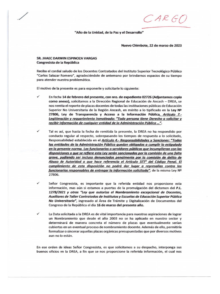 Cargo de Solicitud-Congr. Darwin Espinoza | PDF