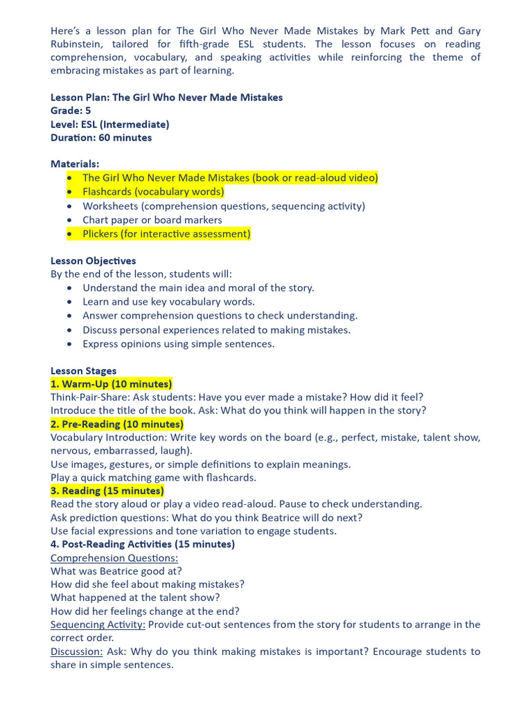Lesson Plan For THE GIRL WHO NEVER MADE MISTAKES | PDF | Reading ...