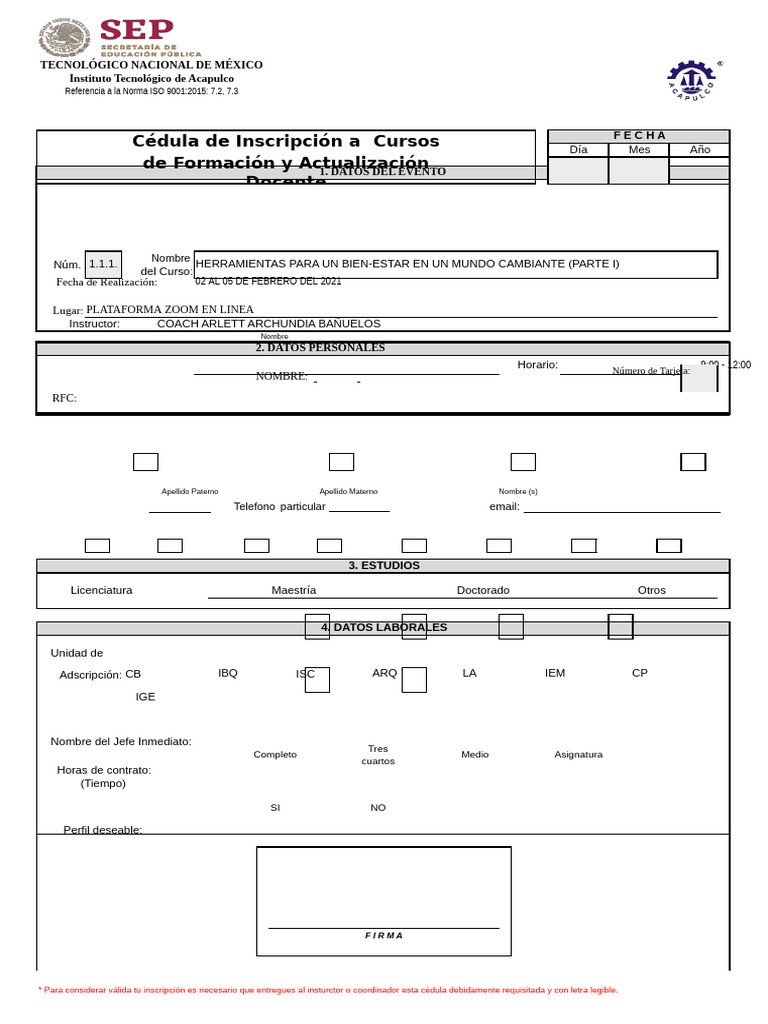 ITA-AC-PO-006-03 Cédula de Inscripción | PDF | Titulo academico