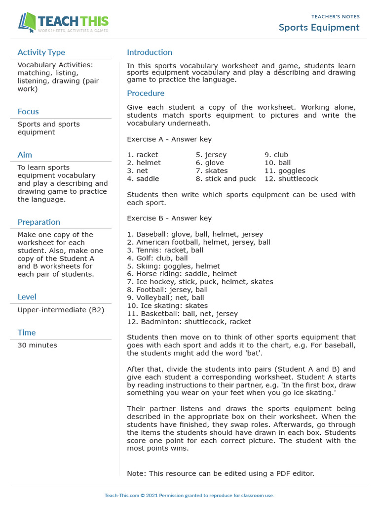 Sports Equipment Vocabulary Worksheet | PDF | Sports Equipment | Sports