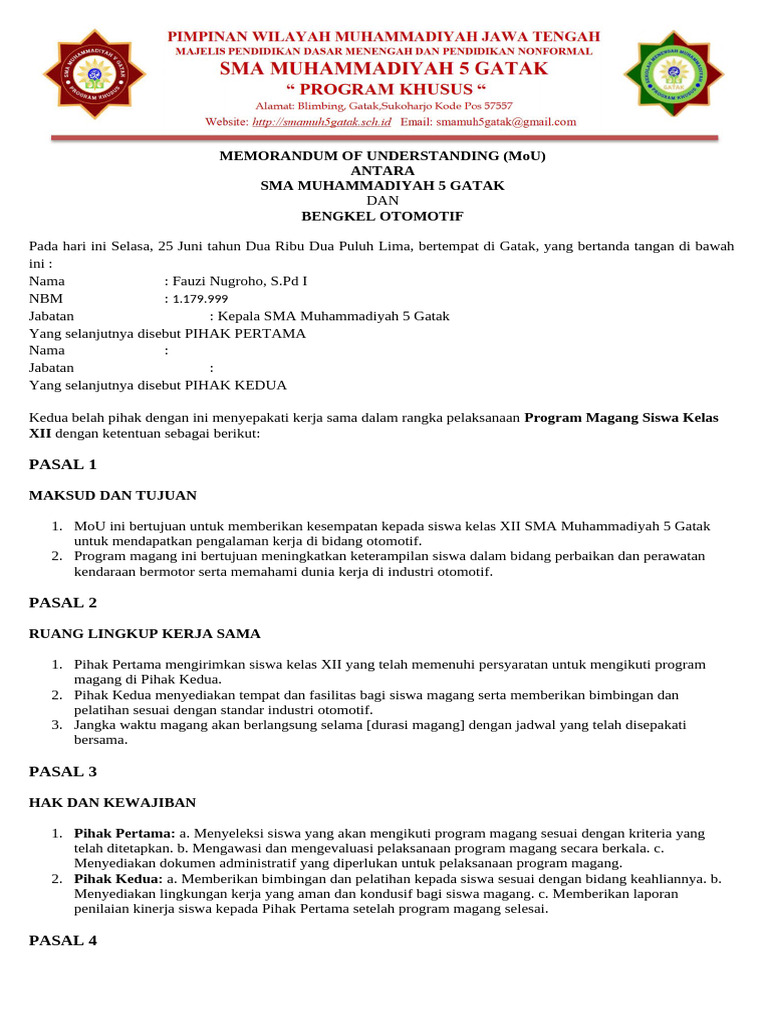 Mou Kerjasama Magang | PDF