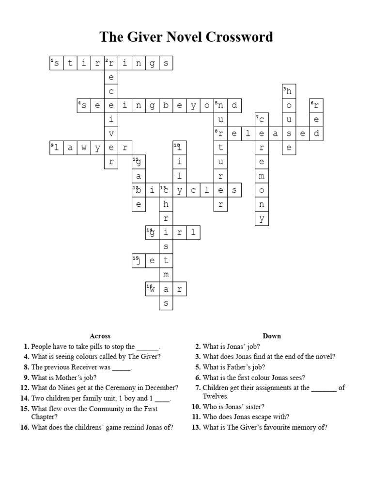 The Giver Novel Crossword Puzzle | PDF | The Giver | Children's Novels