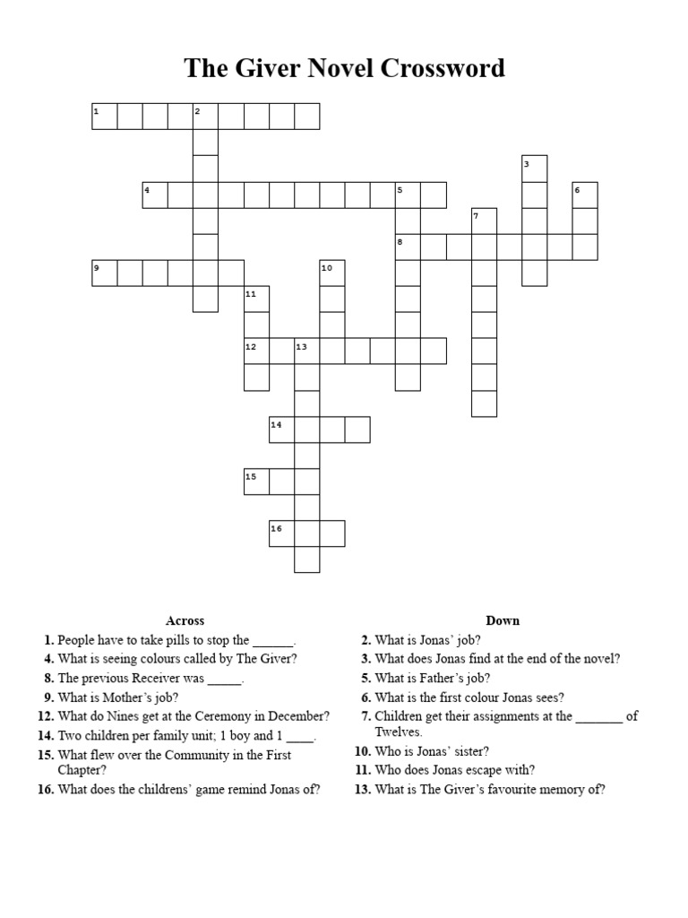 The Giver Novel Crossword Puzzle | PDF