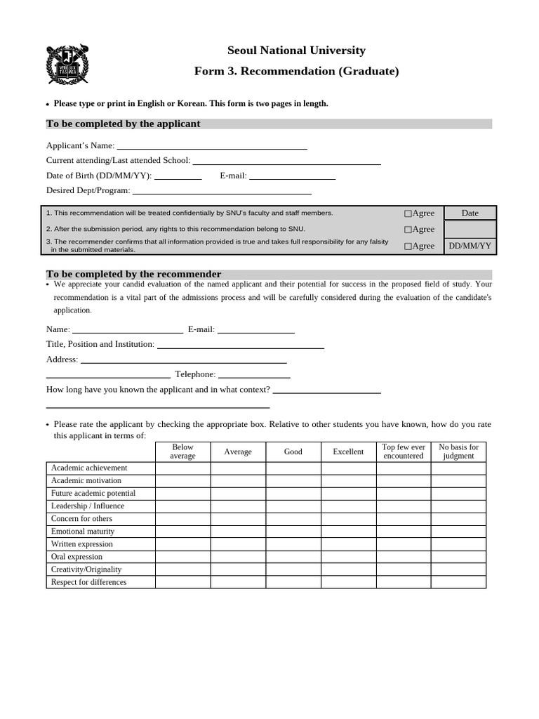 SNU Graduate Recommendation Form | PDF | Psychological Concepts | Human ...