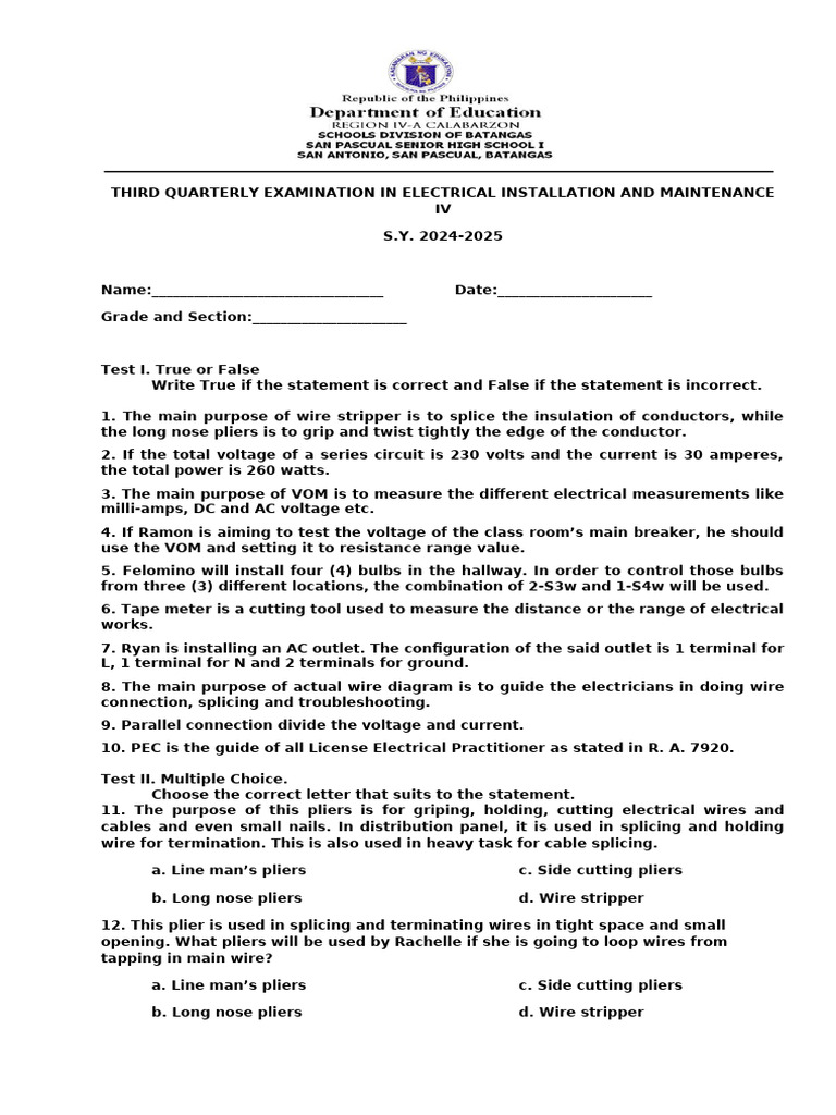 3rd Quarter - Exam - EIM 4 - For Office | PDF | Electrical Connector | Series And Parallel Circuits