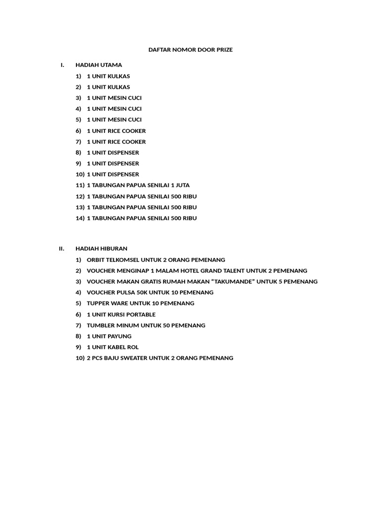 Daftar Nomor Door Prize | PDF