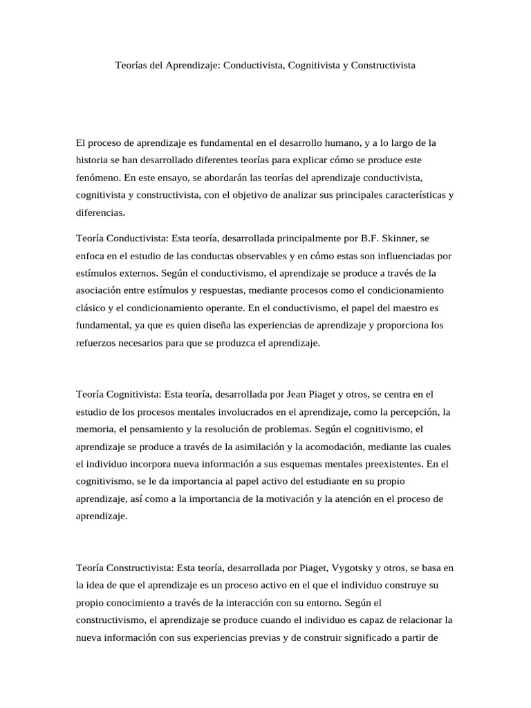 Teorías del Aprendizaje: Conductivismo, Cognitivismo y Constructivismo ...