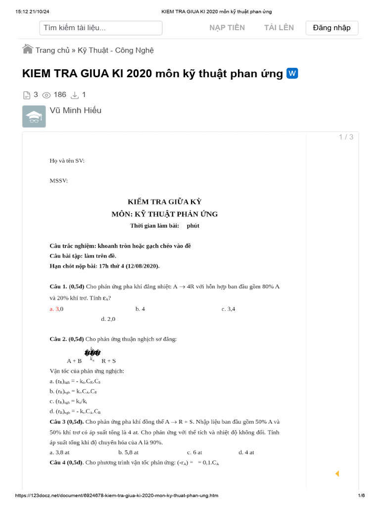 KIEM TRA GIUA KI 2020 Môn Kỹ Thuật Phan Ứng-trang | PDF