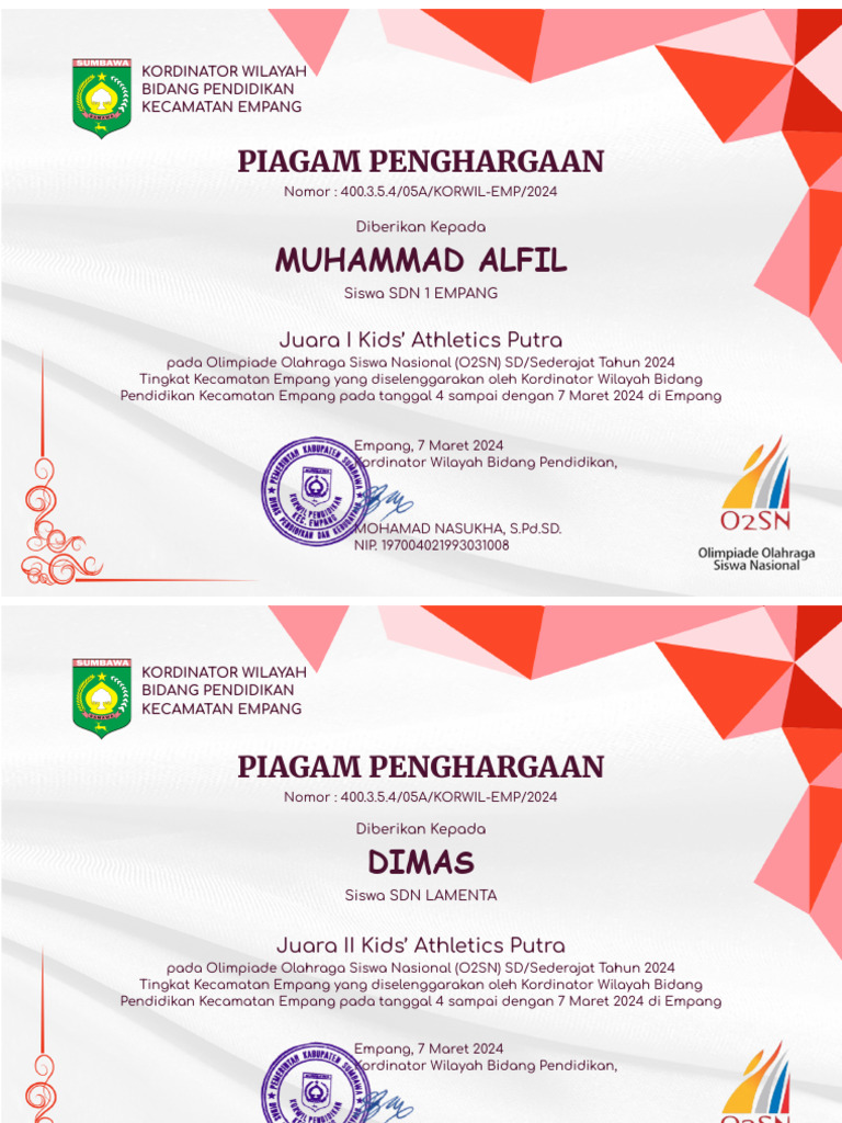 Piagam O2SN 2024 Empang Word | PDF