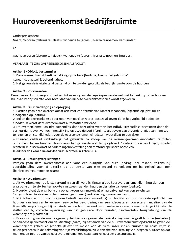 Huurovereenkomst Bedrijfsruimte | PDF