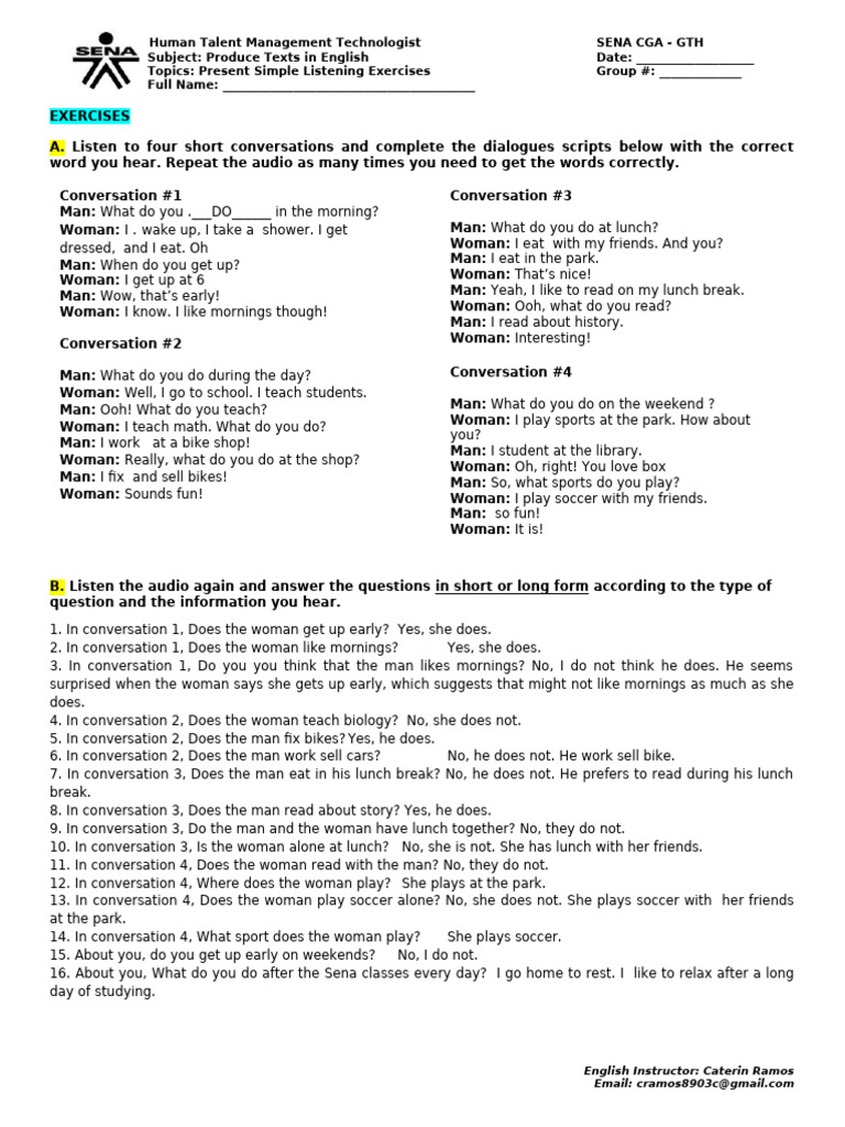 Present Simple Listening Exercise (1) - 1 | PDF