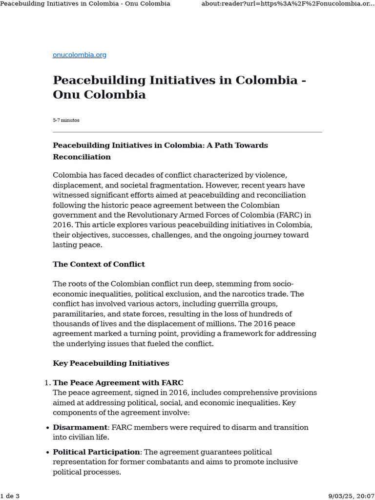 Peacebuilding Initiatives in Colombia Onu Colombia | PDF ...