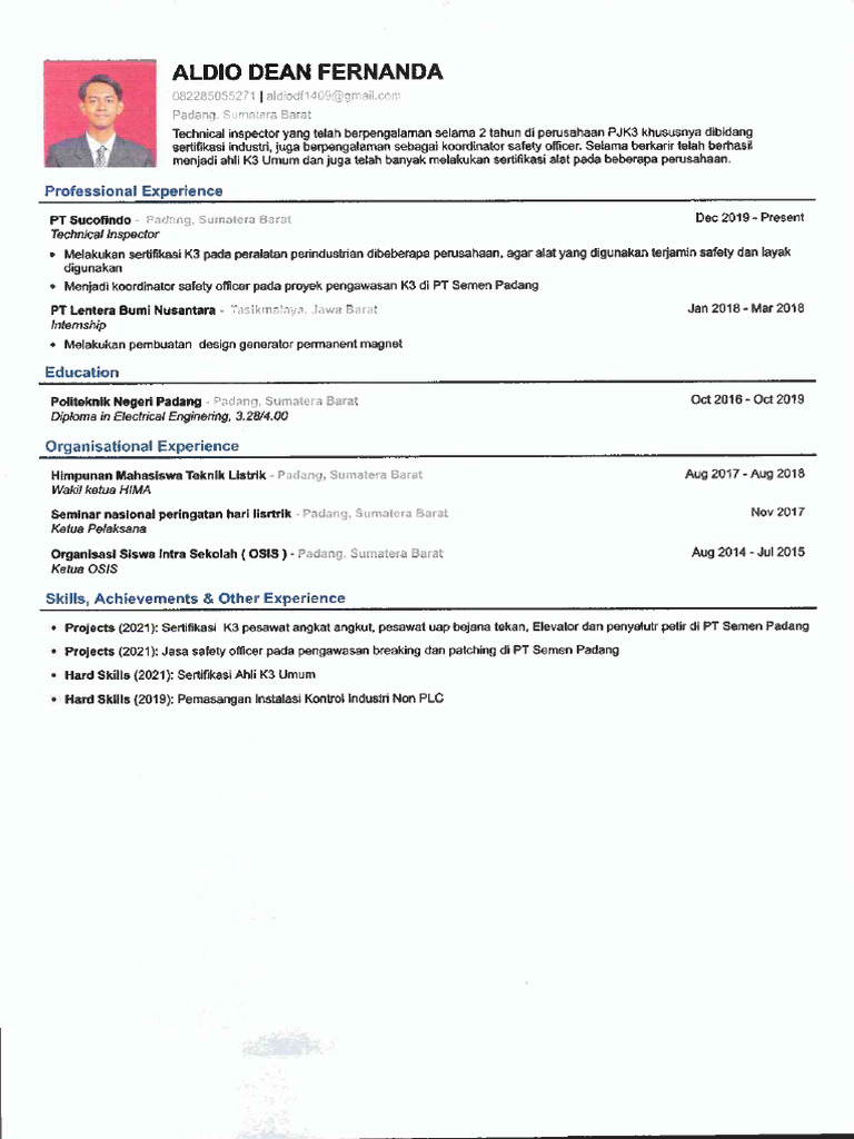 CV dan sertifikat - Aldio Dean Fernanda - PT Tata Bara Utama | PDF