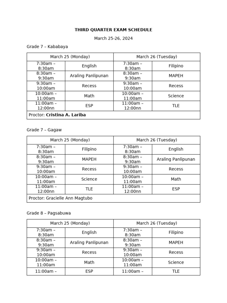 Third Quarter Exam Schedule | PDF | Science
