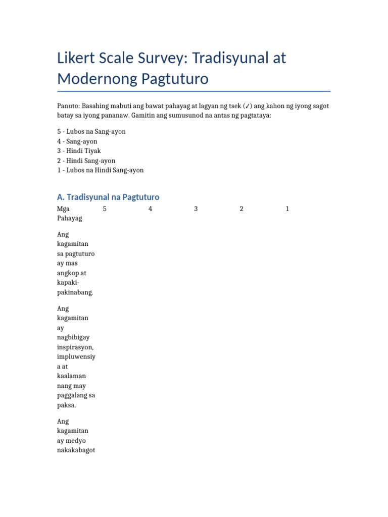Likert Scale Survey Pagtuturo | PDF