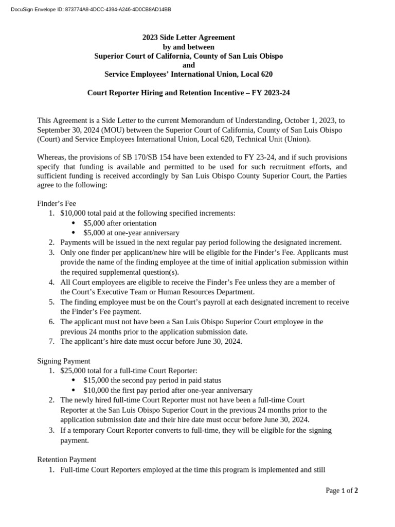 Signed Seiu Side Letter 2324 Court Reporter Hiringretention Incentive | PDF | Employment | Business
